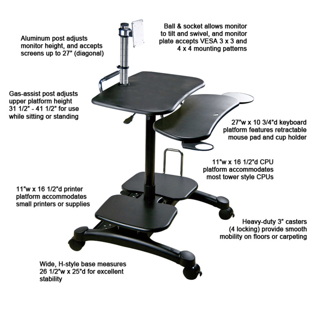 Height-Adjustable Monitor Workstation w/CPU & Printer Platforms ...