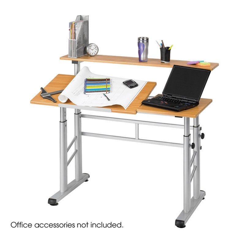 Adj-Height, Split-Level Table, Medium Oak w/ Silver | Ultimate Office